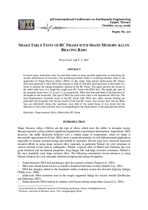 (PDF) Shake Table Tests of RC Frame with Shape Memory Alloy Bracing ...