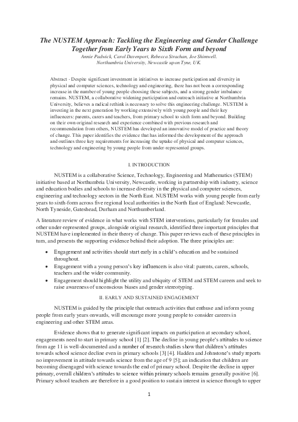 (PDF) The NUSTEM Approach: Tackling the Engineering and Gender Challenge Together from Early ...