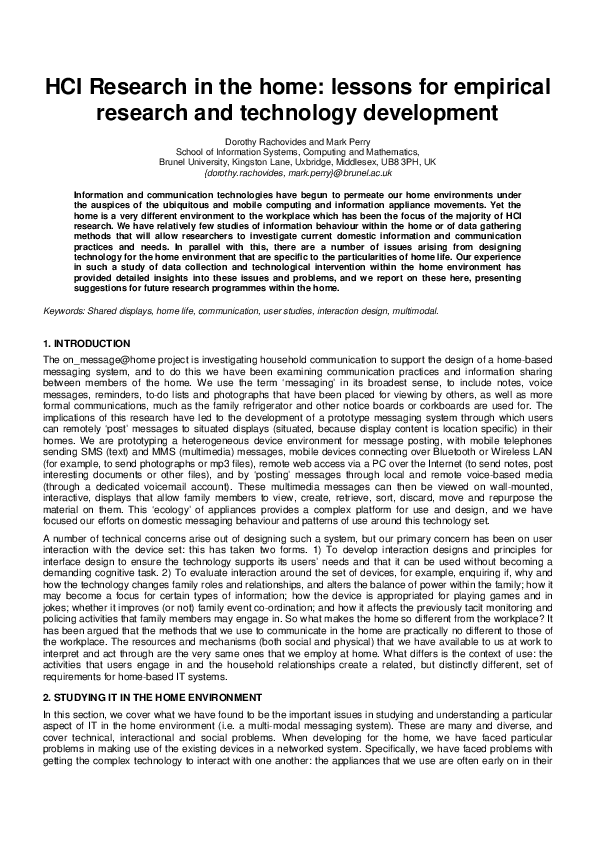 (PDF) HCI Research in the home: lessons for empirical research and ...