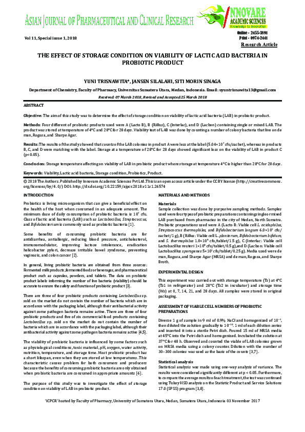(PDF) The Effect of Storage Condition on Viability of Lactic Acid ...