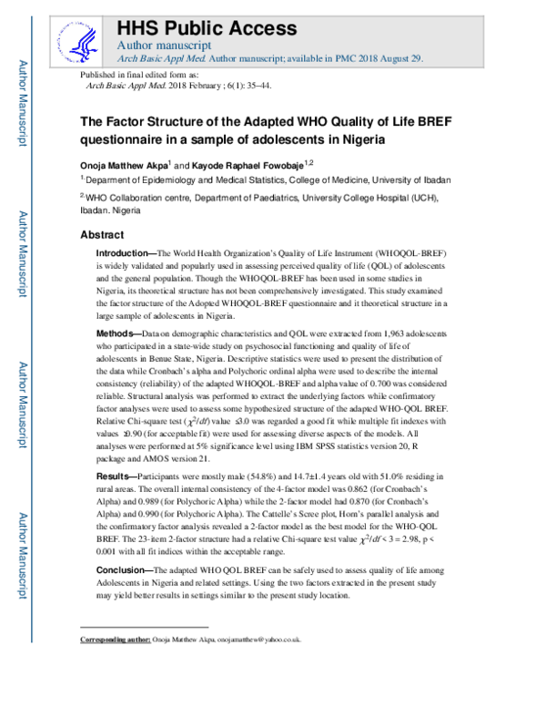 (PDF) The Factor Structure of the Adapted WHO Quality of Life BREF ...