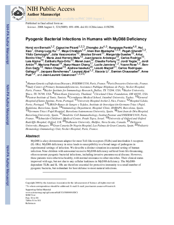 (PDF) Pyogenic Bacterial Infections In Humans With MyD88 Deficiency
