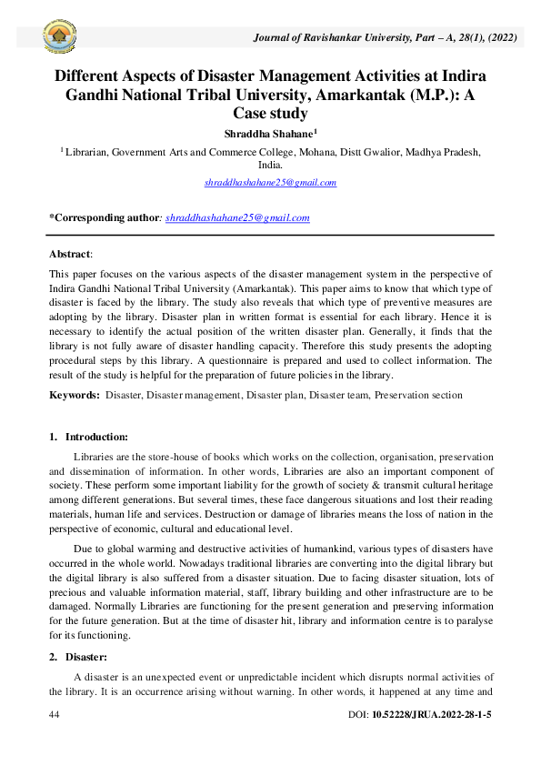 (PDF) Different Aspects of Disaster Management Activities at Indira ...