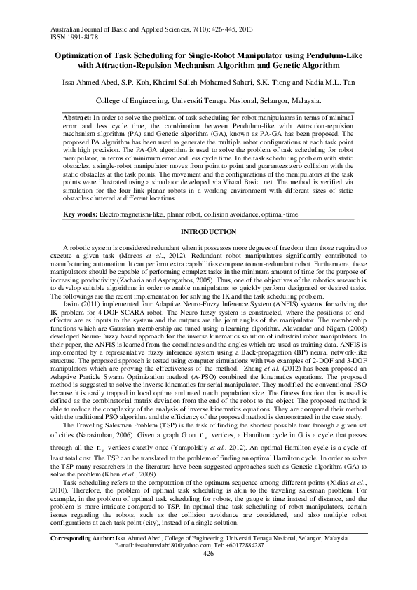 (PDF) Optimization of Task Scheduling for Single-Robot Manipulator using Pendulum-Like with ...