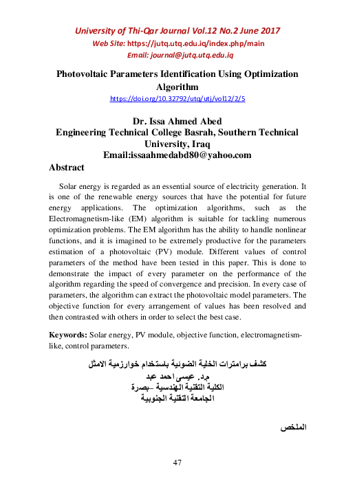 (PDF) Photovoltaic Parameters Identification Using Optimization Algorithm