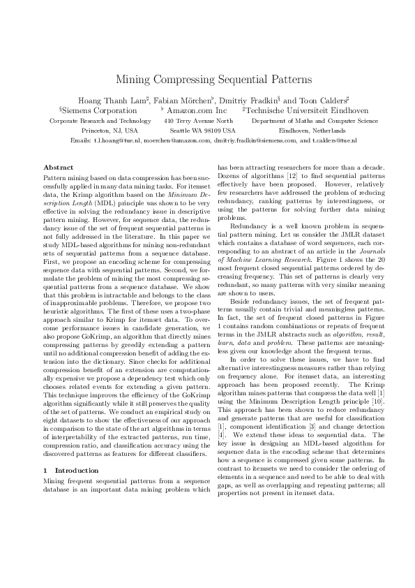 (PDF) Mining compressing sequential patterns