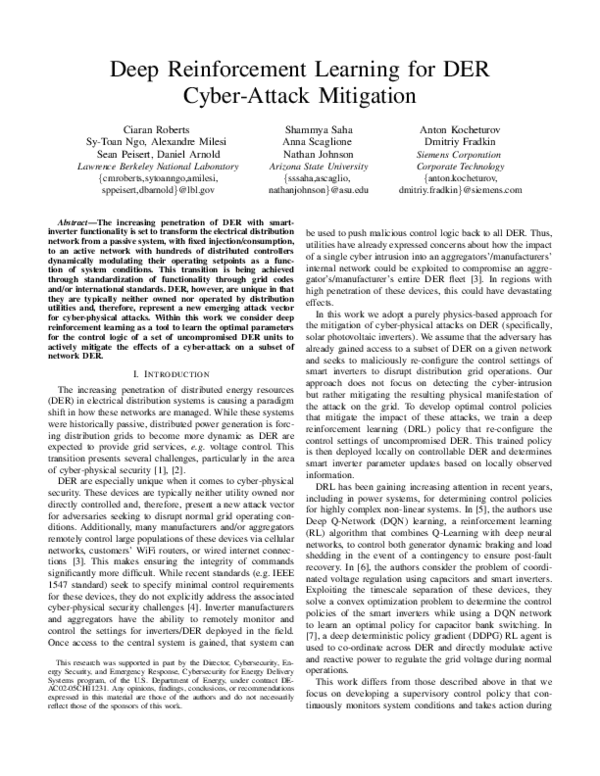 (PDF) Deep Reinforcement Learning for DER Cyber-Attack Mitigation
