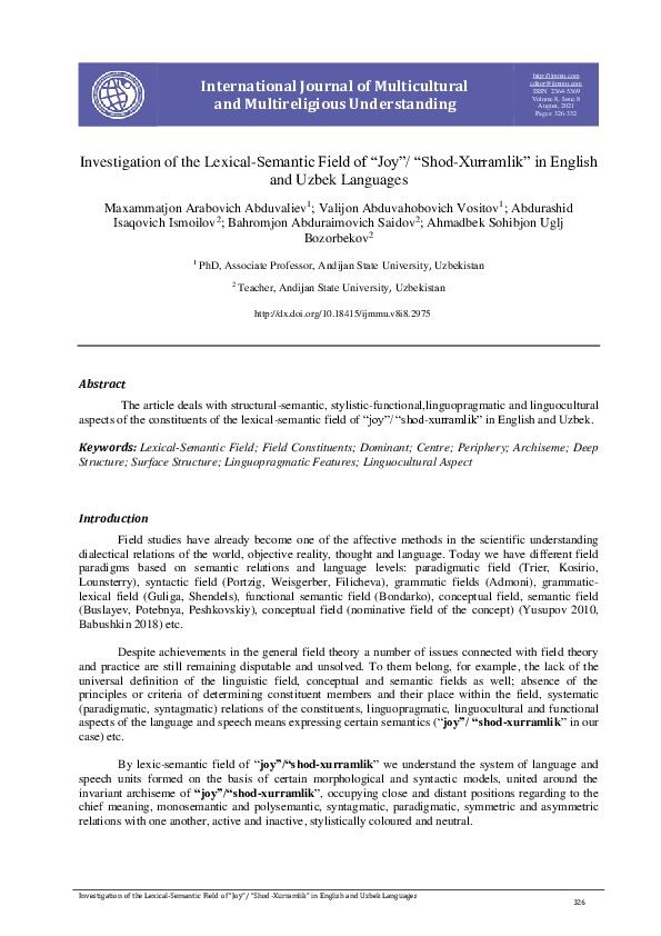 (PDF) Investigation of the Lexical-Semantic Field of “Joy”/ “Shod-Xurramlik” in English and ...