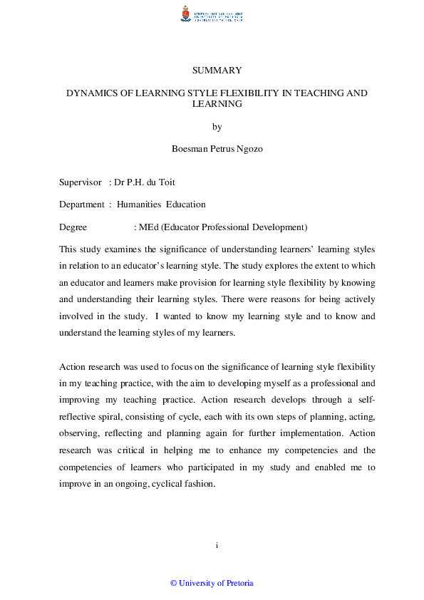 (PDF) i SUMMARY DYNAMICS OF LEARNING STYLE FLEXIBILITY IN TEACHING AND ...