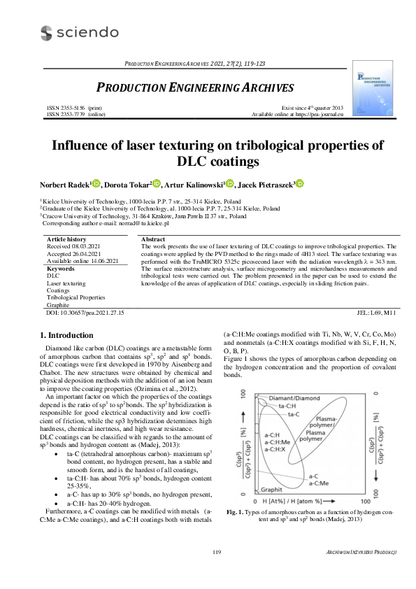 (PDF) Influence of laser texturing on tribological properties of DLC coatings | Jacek Pietraszek ...