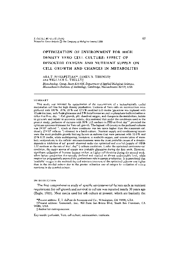 (PDF) Optimization of environment for high density Vero cell culture ...