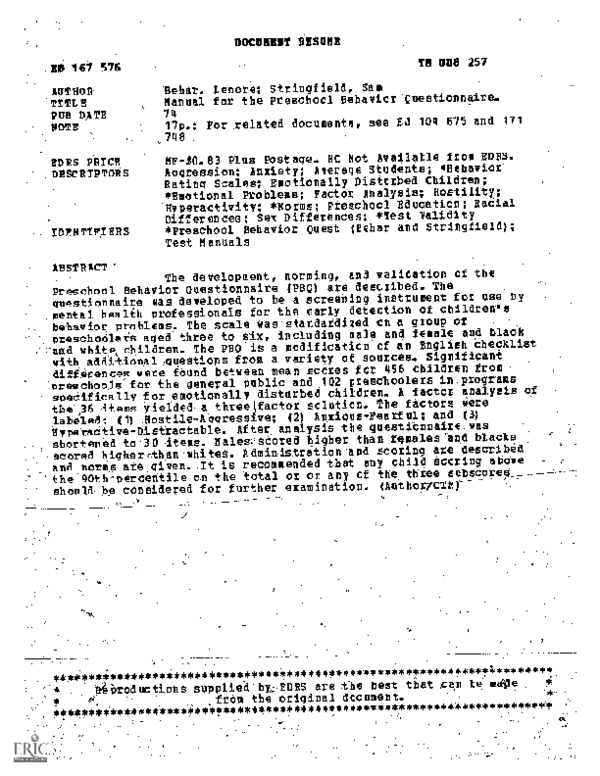 (PDF) Manual for the Preschool Behavior Questionnaire