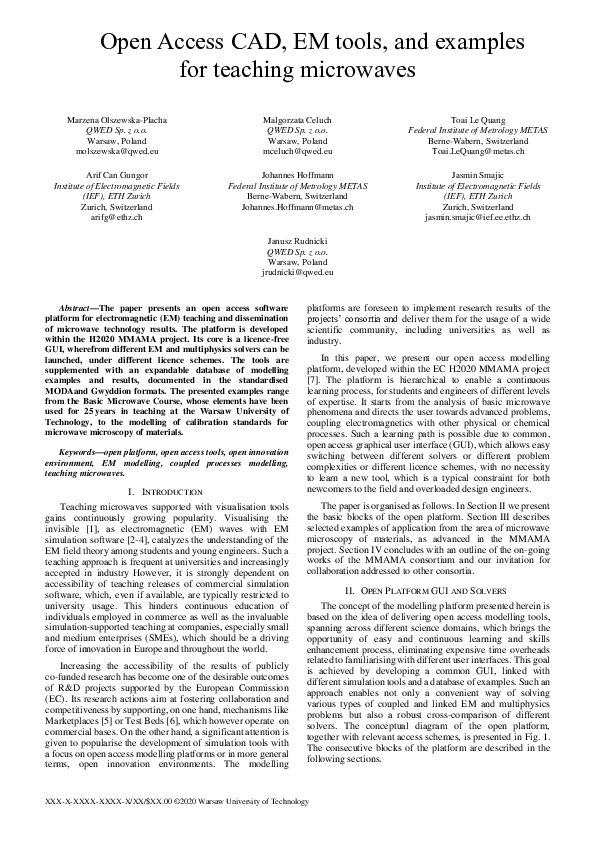 (PDF) Open Access CAD, EM tools, and examples for teaching microwaves