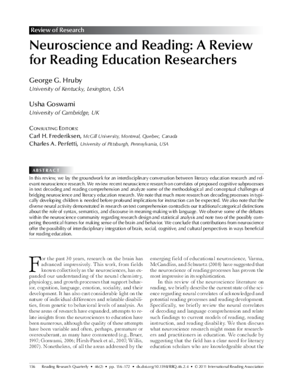 (PDF) Neuroscience and Reading: A Review for Reading Education Researchers