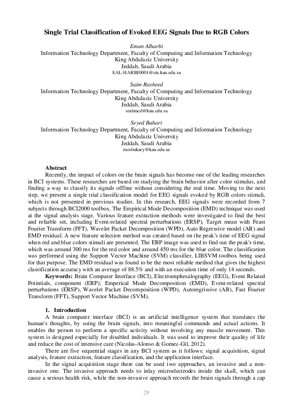 Pdf Single Trial Classification Of Evoked Eeg Signals Due To Rgb Colors Saim Rasheed