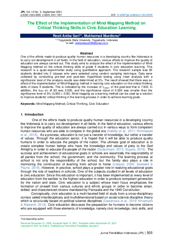 (PDF) The Effect of the Implementation of Mind Mapping Method on Critical Thinking Skills in ...
