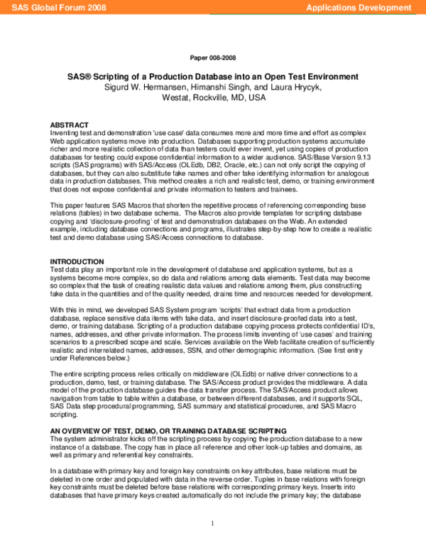 (PDF) SAS® Scripting of a Production Database into an Open Test Environment