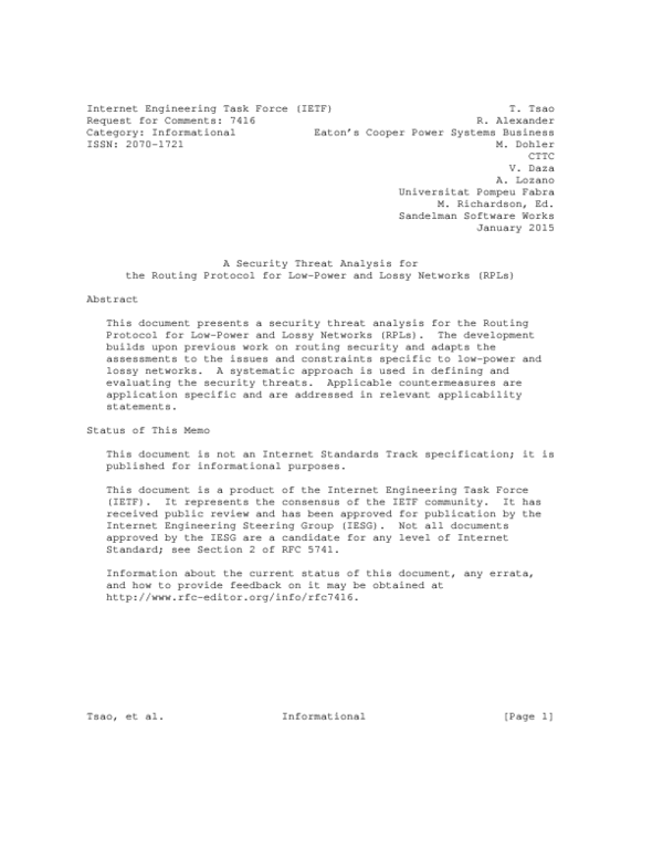 Pdf A Security Threat Analysis For The Routing Protocol For Low Power