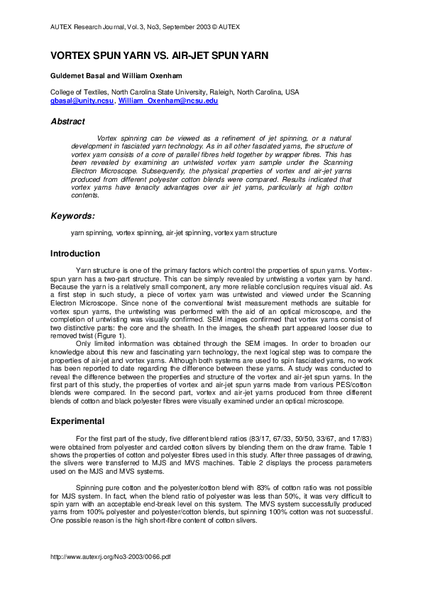 (PDF) Vortex spun yarn vs. air-jet spun yarn