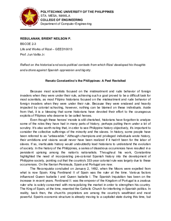 (DOC) Life And Works of Rizal - Renato Constantino The Philippines A ...