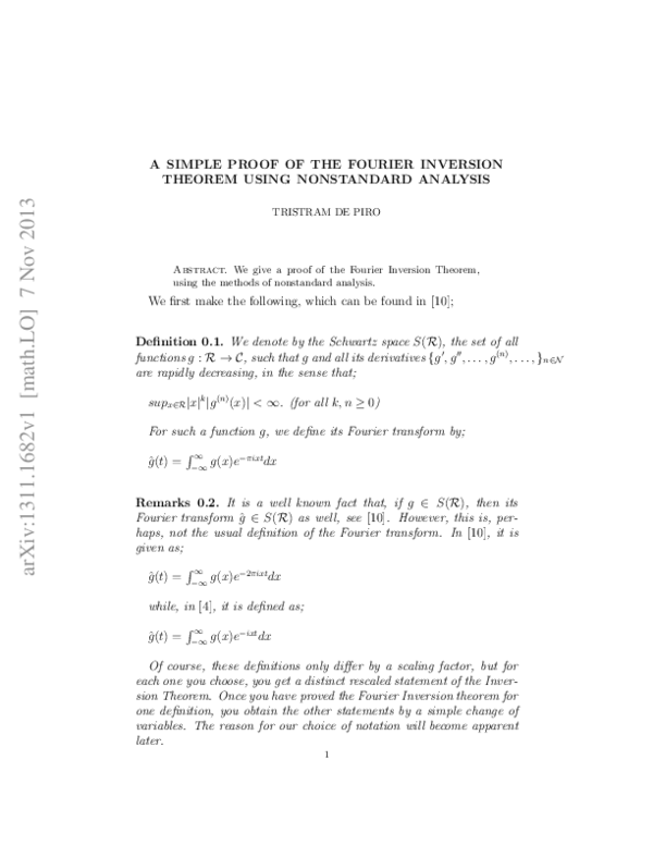 Pdf A Simple Proof Of The Fourier Inversion Theorem Using Nonstandard