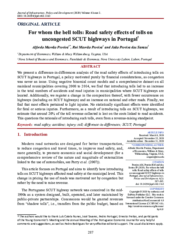 (PDF) For whom the bell tolls: Road safety effects of tolls on ...
