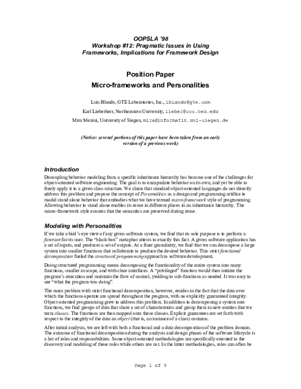 (PDF) OOPSLA ’ 98 Workshop # 12 : Pragmatic Issues in Using Frameworks , Implications for ...