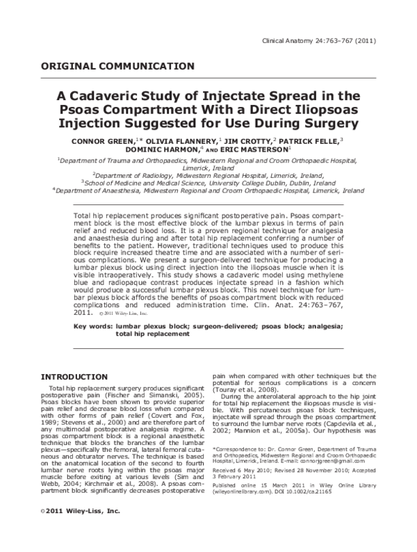 (PDF) A cadaveric study of injectate spread in the psoas compartment ...