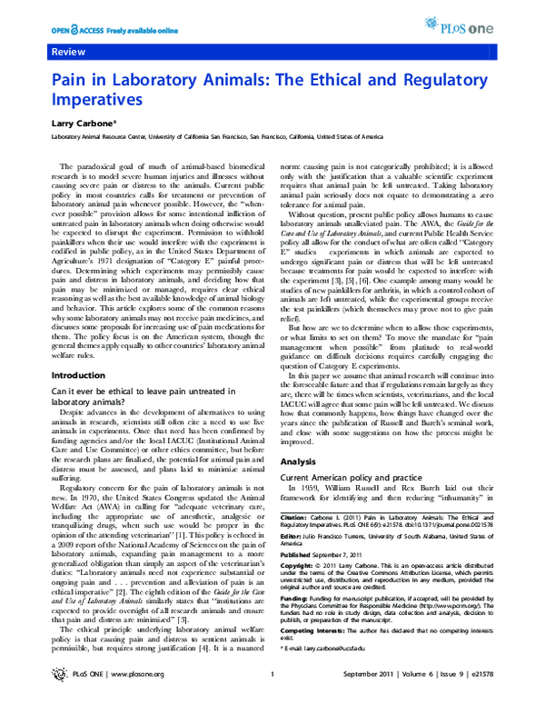 (PDF) Review Pain in Laboratory Animals: The Ethical and Regulatory ...