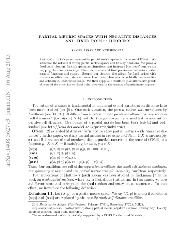 (PDF) Partial metric spaces with negative distances and fixed point theorems