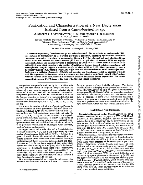 (PDF) Purification andCharacterization ofa New Bacteriocin Isolated ...