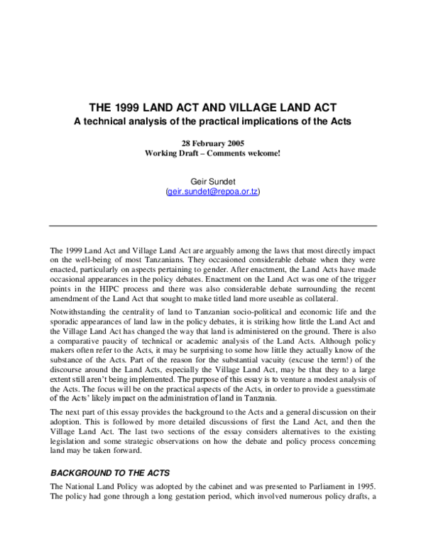 (PDF) The 1999 Land Act and Village Land Act | Geir Sundet - Academia.edu