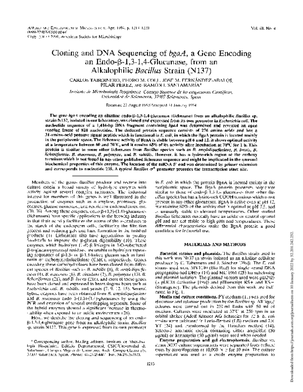 (PDF) an Endo-1-1,3-1,4-Glucanase, from an Alkalophilic Bacillus Strain (N137)