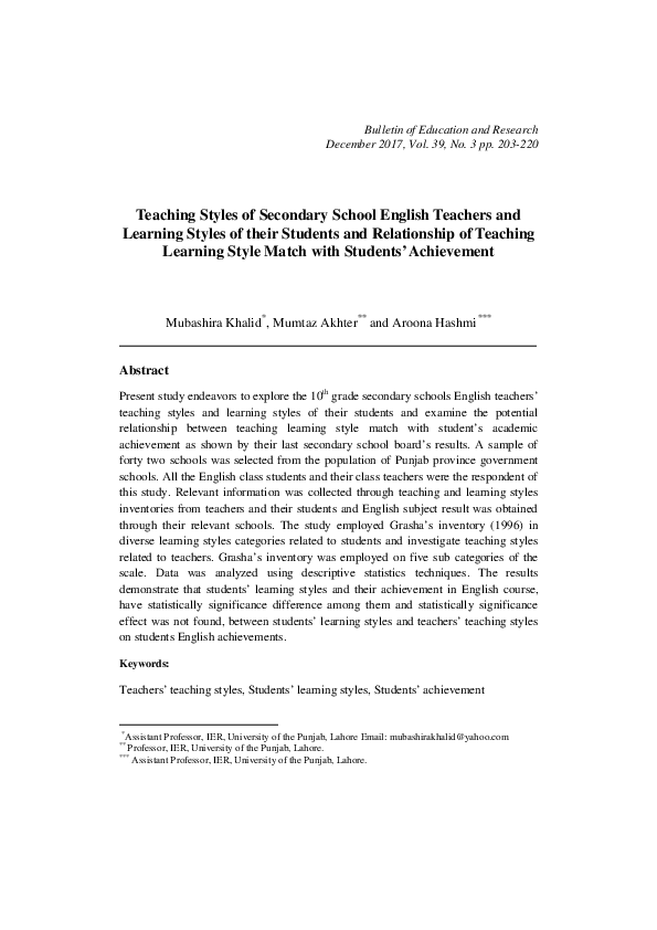 (PDF) Teaching Styles of Secondary School English Teachers and Learning Styles of Their Students ...