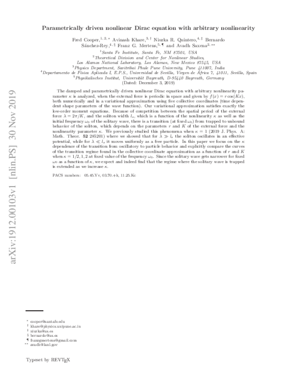 (PDF) Parametrically driven nonlinear Dirac equation with arbitrary nonlinearity | Fred Cooper ...