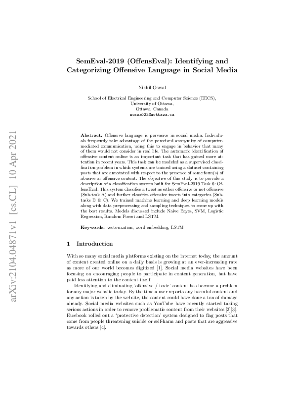 Pdf Identifying And Categorizing Offensive Language In Social Media