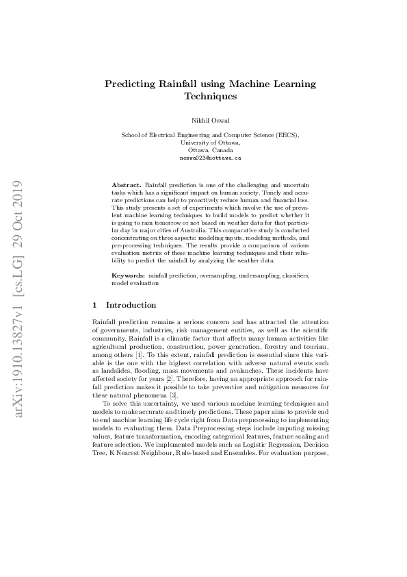 (PDF) Predicting Rainfall using Machine Learning Techniques