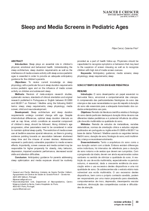 (PDF) Sleep and Media Screens in Pediatric Ages