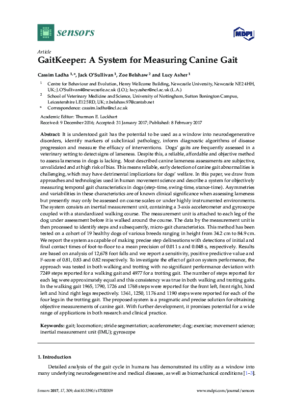(PDF) GaitKeeper: A System for Measuring Canine Gait | Jack O'Sullivan - Academia.edu