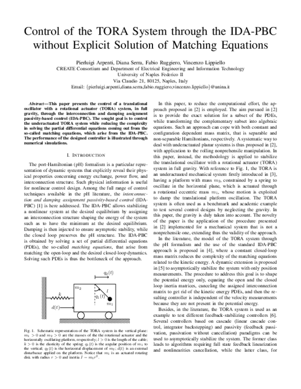(PDF) Control of the TORA System through the IDA-PBC without Explicit ...