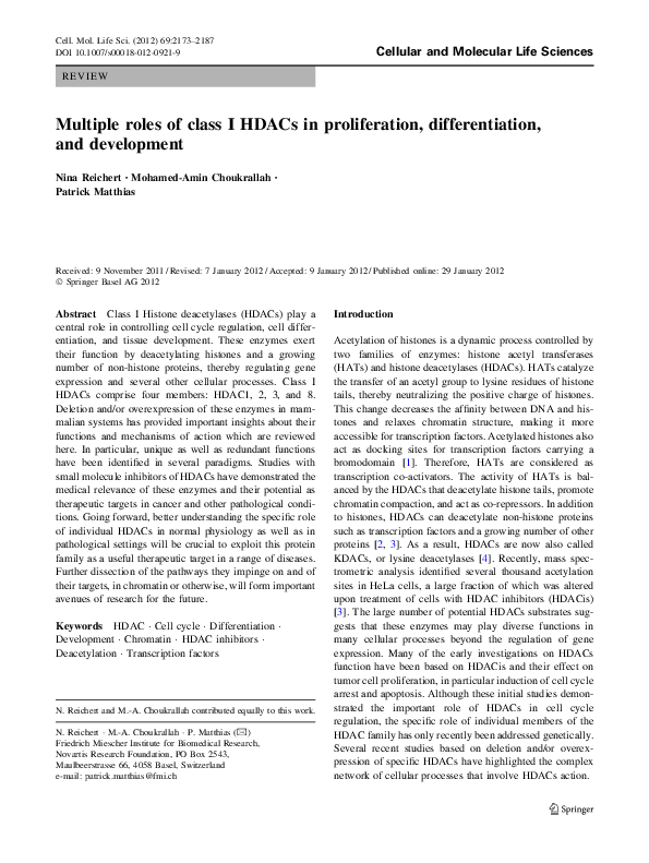 (PDF) Multiple roles of class I HDACs in proliferation, differentiation ...