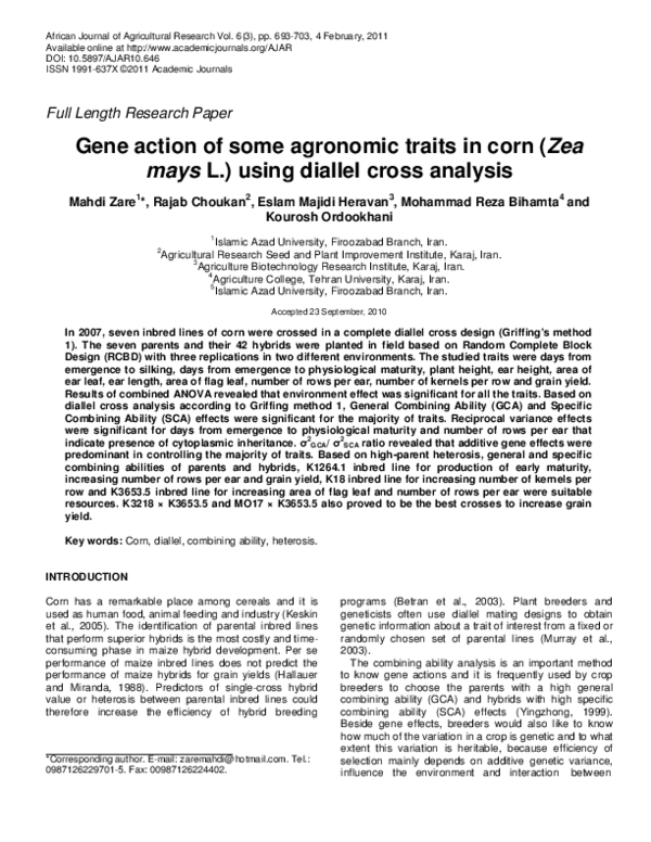 (PDF) Gene action of some agronomic traits in corn (Zea mays L.) using diallel cross analysis