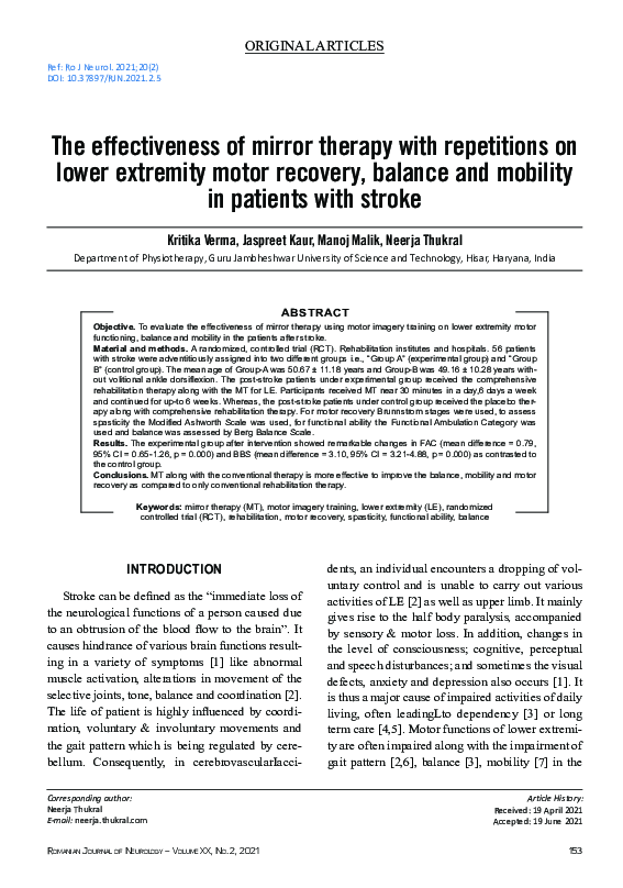 (PDF) The Effectiveness of Mirror Therapy with Repetitions on Lower ...