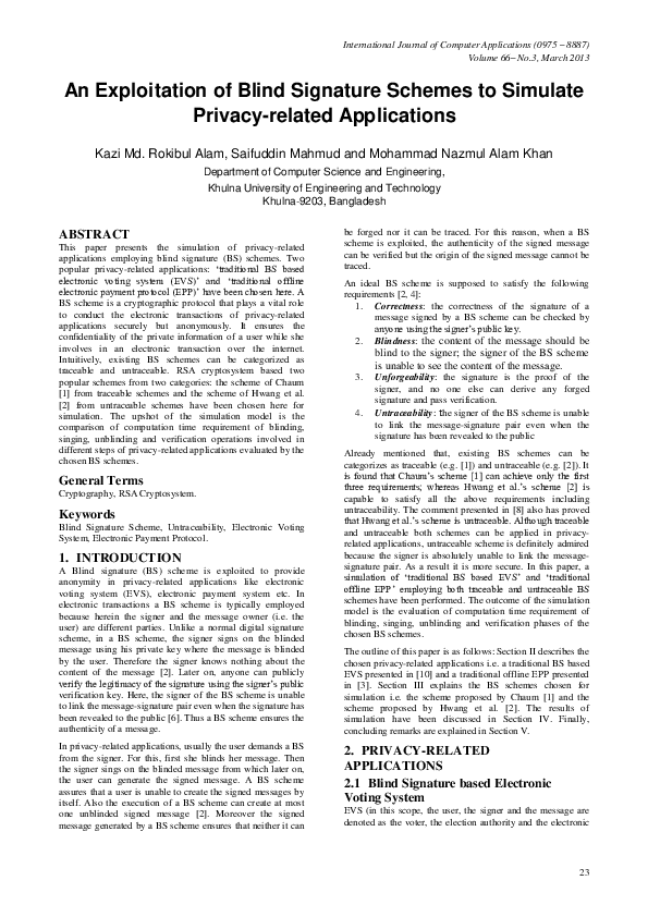 (PDF) An Exploitation of Blind Signature Schemes to Simulate Privacy-related Applications