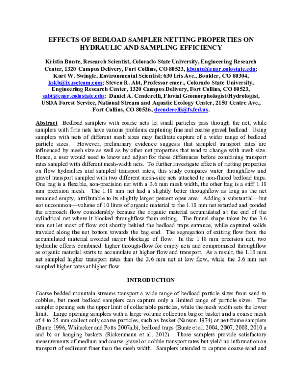 (PDF) Effects of Bedload Sampler Netting Properties on Hydraulic and ...