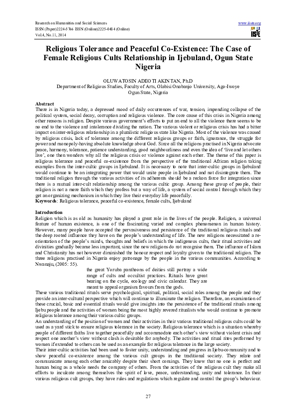 (PDF) Religious Tolerance And Peaceful Co-existence: The Roles Of The Nigerian Youth