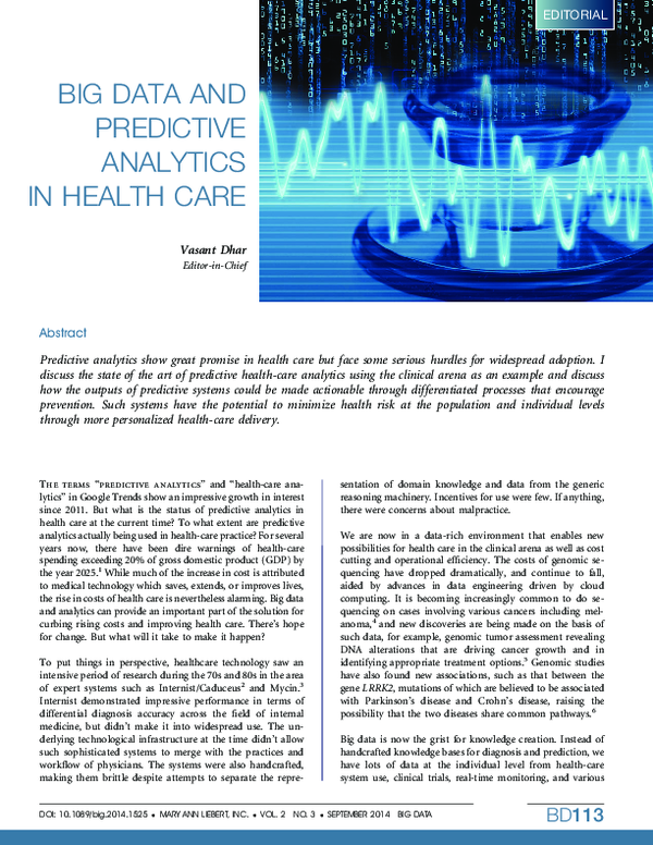 (PDF) Big Data and Predictive Analytics in Health Care