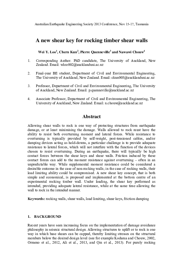 (PDF) A new shear key for rocking timber shear walls