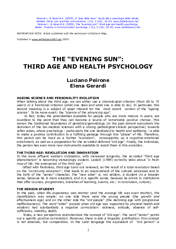 (PDF) The “Evening Sun”: Third Age and Health Psychology