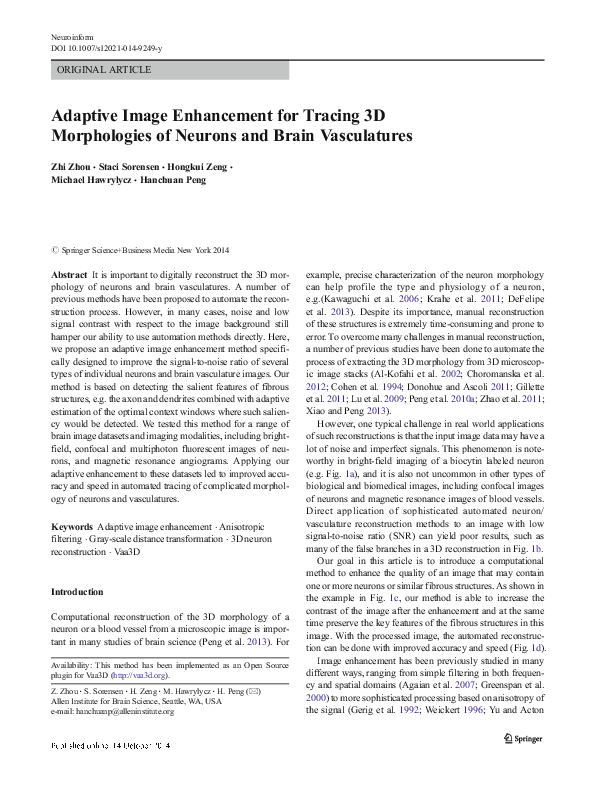 (PDF) Adaptive Image Enhancement for Tracing 3D Morphologies of Neurons ...